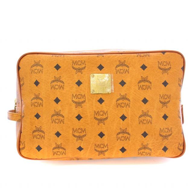 【中古】エムシーエム MCM ヴィセトス クラッチバッグ セカンドバッグ レザー ロゴパッチ プリント 総柄 茶