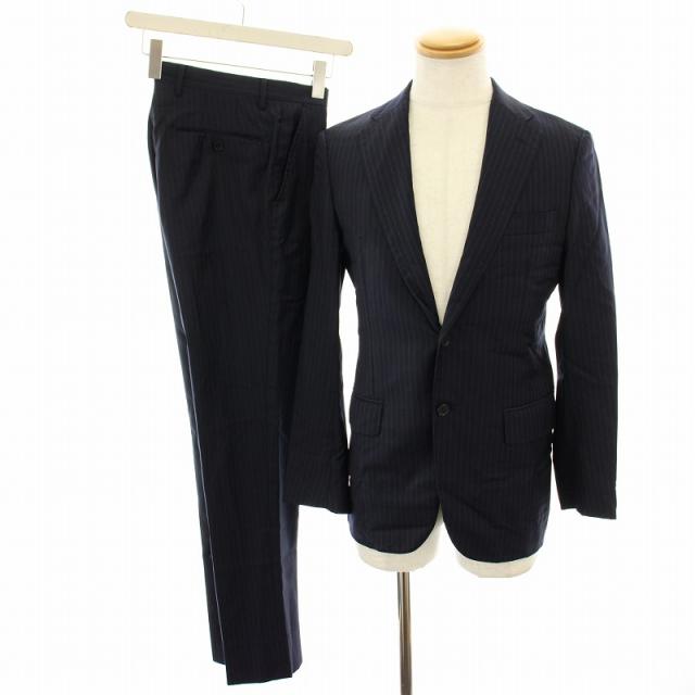 【中古】シップス スーツ テーラードジャケット 44 スラックス 42 ロロピアーナ生地 ストライプ柄 紺 ▲H メンズ