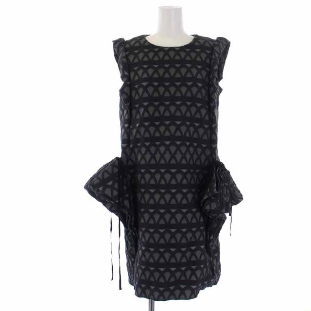 【中古】ミントデザインズ タグ付き ワンピース ひざ丈 総柄 ノースリーブ M 黒 ブラック グレー MD-21AW-PA4