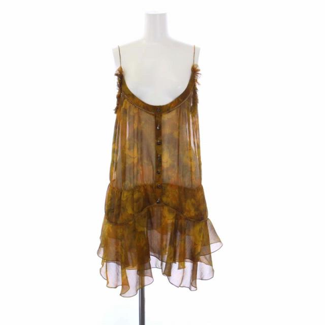 【中古】未使用品 ディースクエアード DSQUARED2 キャミワンピース シアー 総柄 ティアード レース 36 S 茶