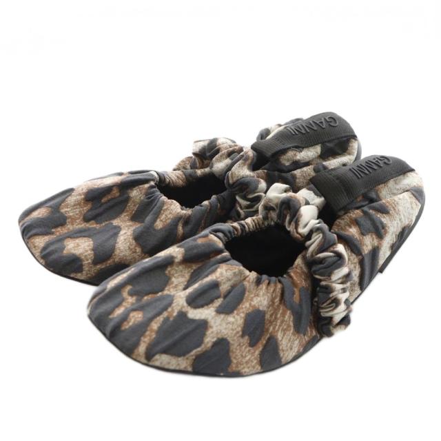 【中古】未使用品 ガニー バレエシューズ スクエアトゥ レオパード ヒョウ柄 レザー 36 茶 黒