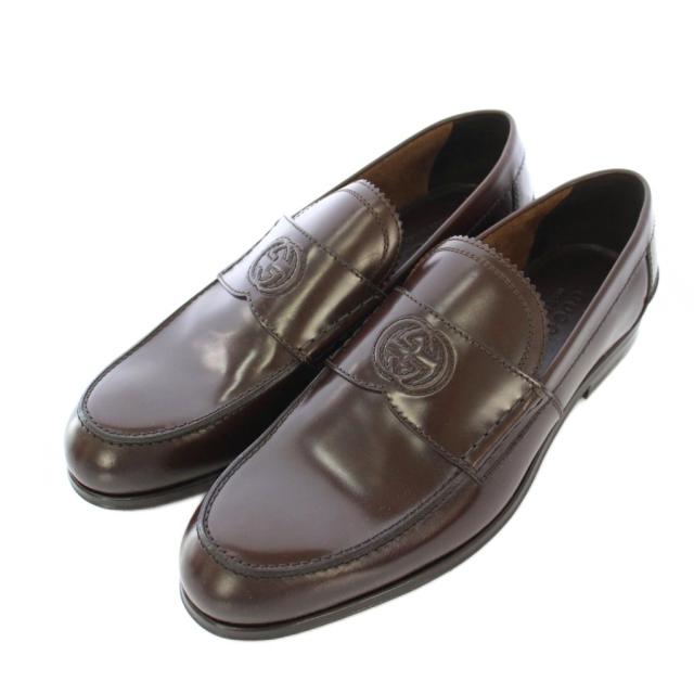 【中古】グッチ GUCCI ローファー ダブルGシンボル ローヒール レザー ロゴ インターロッキング ワンカラー 9 茶