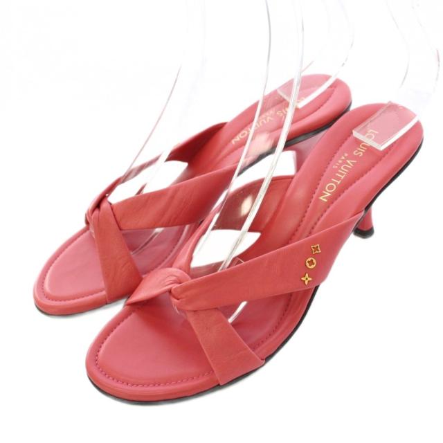 【中古】ルイヴィトン サンダル ラウンドトゥ ローヒール レザー クロス モノグラム 装飾 35.5 ピンク