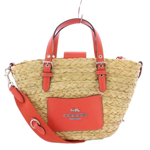 【中古】コーチ 2WAY カゴバッグ かごバッグ ハンドバッグ ショルダーバッグ 編み込み ベージュ サーモンピンク