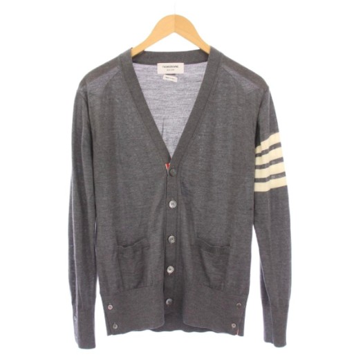 【中古】トムブラウン THOM BROWNE ウールクラシック4BAR Vネックカーディガン ニット 長袖 ストレッチ 薄手 グレー