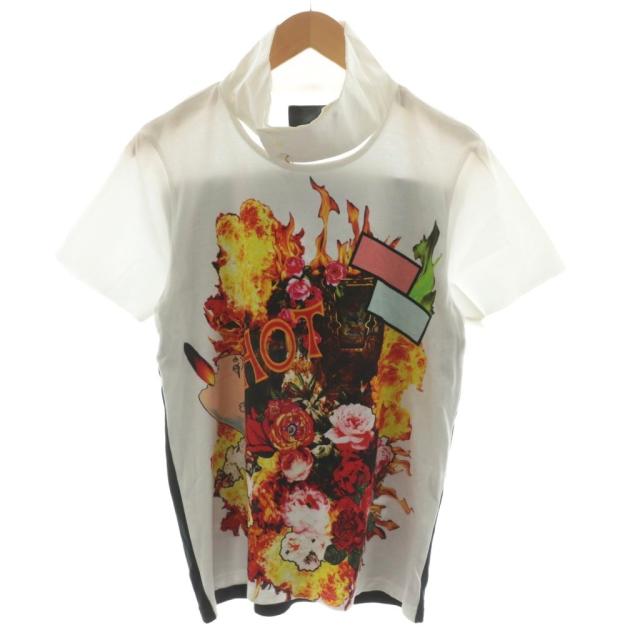 【中古】ドレスキャンプ Tシャツ カットソー 半袖 スタンドカラー プリント ロゴ 花柄 切替 44 白 黒