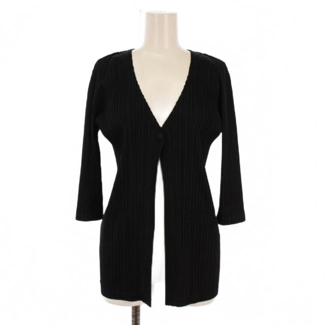 【中古】プリーツプリーズ PLEATS PLEASE イッセイミヤケ カーディガン 七分袖 Vネック ストレッチ 3 黒 レディース