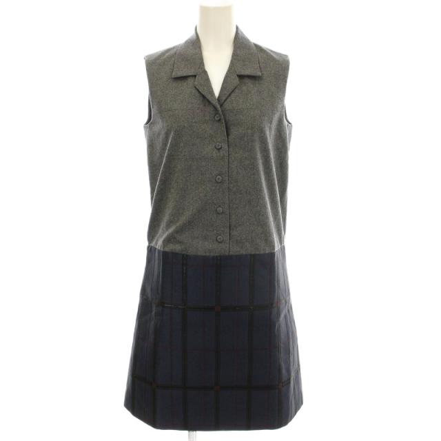 【中古】カルヴェン CARVEN 17AW ノースリーブ ワンピース ウール切替 チェック柄 ひざ丈 34 グレー ネイビー