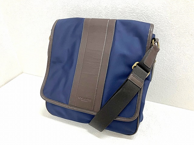 【中古】コーチ COACH ナイロン×レザー ショルダーバッグ 紺×濃茶 F71548 フラップ メッセンジャー かばん メンズ