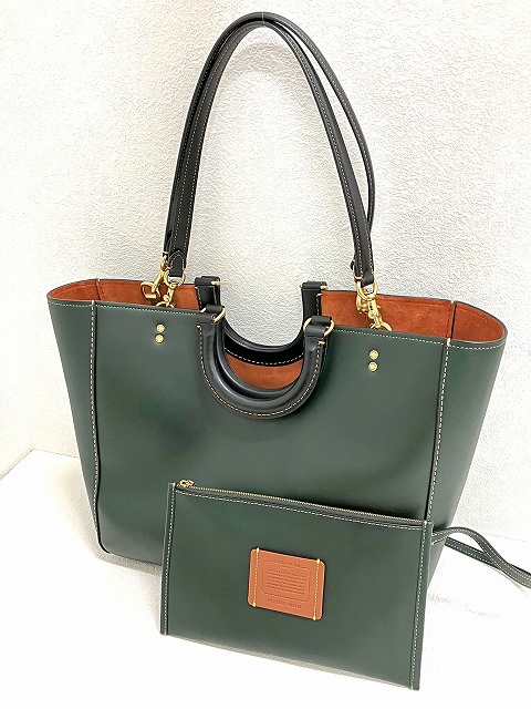 【中古】コーチ COACH グローブタンレザー 2way トートバッグ ダークグリーン 良品 CH592 大容量 本革 カーフ 深緑