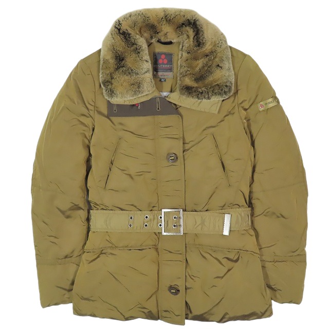 【中古】美品 ピューテリー PEUTEREY ラビットファー付き ダウン ジャケット コート ブルゾン スタンドカラー ベルト付き 42 L ベージュ