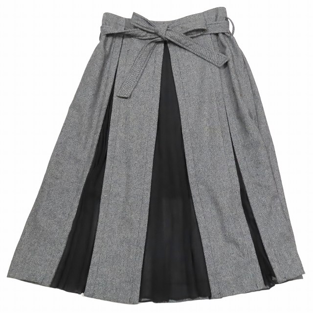【中古】ロク rokh ウール フレアスカート 切替 プリーツ ロング丈 ベルト FR36 グレー ブラック/12 レディース