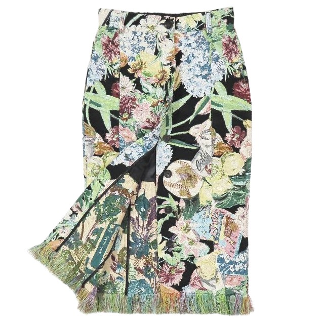 【中古】美品 ゴールデングース GOLDEN  ゴブラン ジャガード タイト スカート ミモレ丈 フロントボタン フリンジ装飾 総柄 40