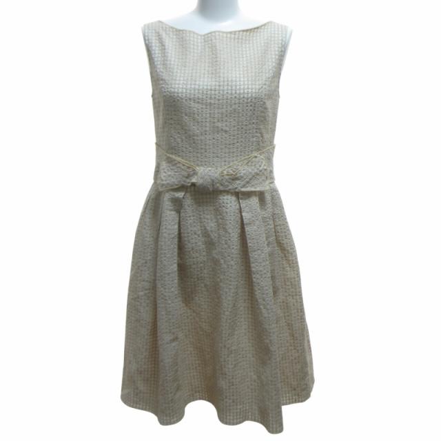 【中古】フォクシー FOXEY 美品 36920 シルク混 リボンワンピース ノースリーブ シースルー シアー ベージュ 40