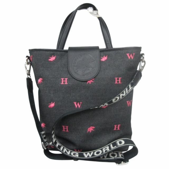 【中古】未使用品 ハンティングワールド 2WAY トートバッグ ショルダー キャンバス 刺繍 ポーチ付 グレー