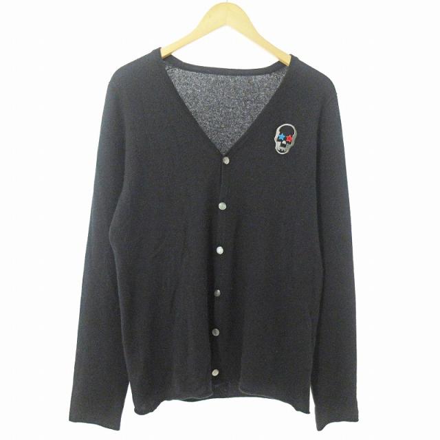 【中古】ルシアンペラフィネ スカル刺繍 スコットランド製 カシミヤ カーディガン ニット 長袖 L 黒 ブラック IBO68