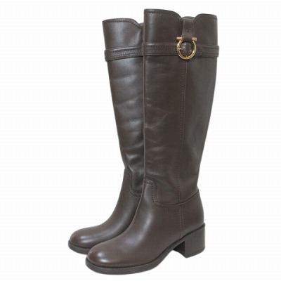 【中古】サルヴァトーレフェラガモ ガンチーニ ロング ブーツ チャンキーヒール シューズ 5 約22.5cm ブラウン IBO70