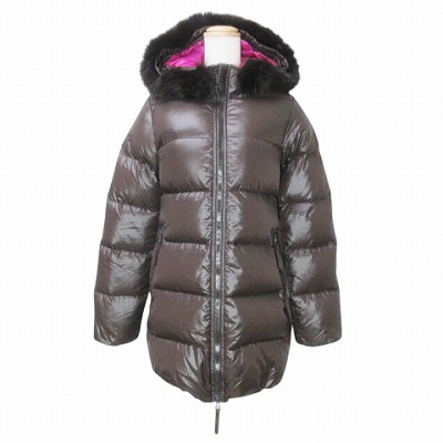 【中古】デュベティカ Kappa フォックスファー ダウンコート フーディー ジップアップ ナイロン ミドル丈 茶 IBO70