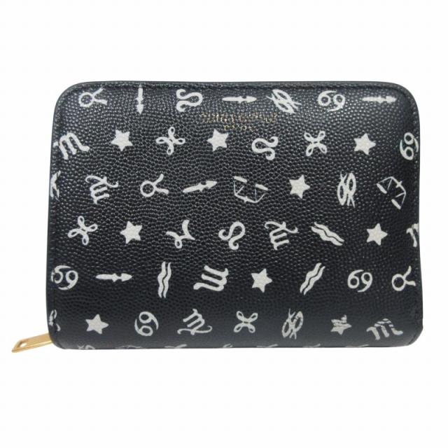 【中古】サンローラン パリ SAINT LAURENT ゾディアック柄 ラウンドファスナー 二つ折り財布 ウォレット ブラック