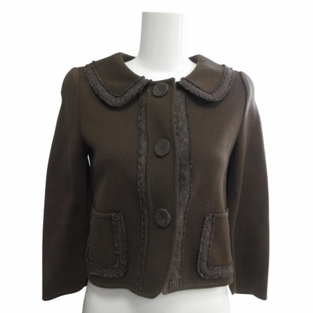 【中古】フォクシー ブティック 美品 ニットジャケット シルクツイード切替 カーディガン 23540 ブラウン 38 IBO76