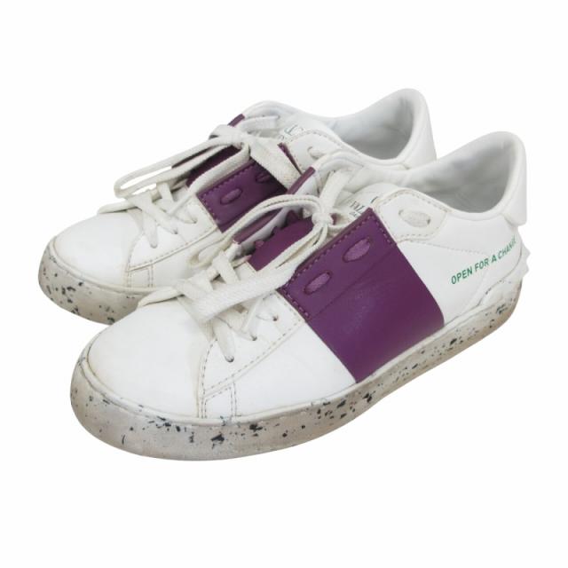 【中古】ヴァレンティノ Open for a Change スニーカー ヴィ—ガンレザー ホワイト パープル 35 22cm相当 IBO76