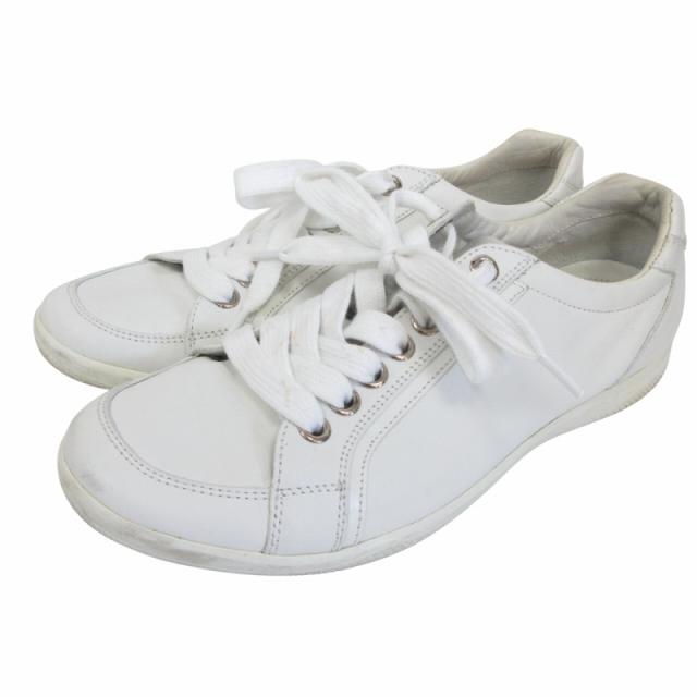 【中古】プラダスポーツ PRADA SPORT 4E2439 オールレザー スニーカー 薄底 ラバーロゴ ホワイト 6 25cm相当 IBO76