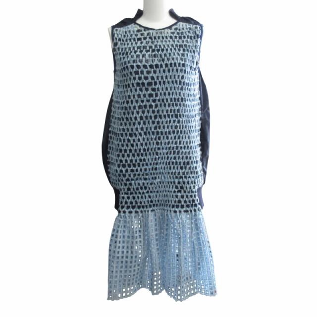 【中古】サカイ sacai 14SS ロングワンピース ノースリーブ 異素材ドッキング ブルー ネイビー サイズ2 IBO76
