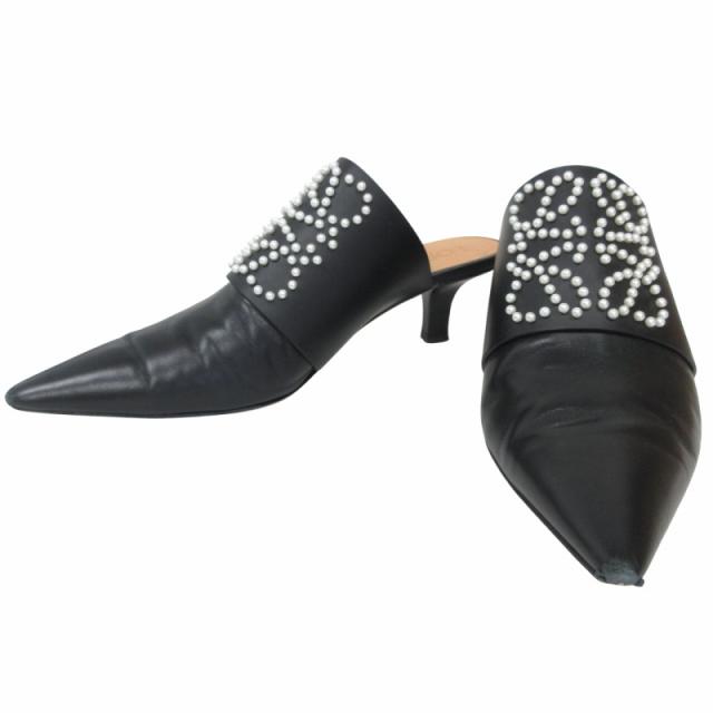 【中古】ロエベ LOEWE パール アナグラム ミュール ヒール カーフレザー サンダル 黒 ブラック 36 23cm相当 IBO76