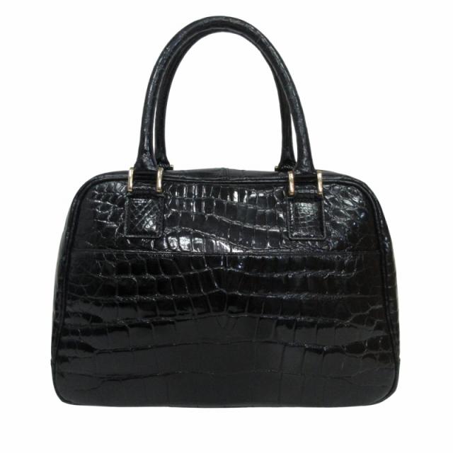 【中古】JRA公認 シャイニングクロコ ハンドバッグ センター取り クロコダイル 鰐革 ワニ革 日本製 黒 ブラック