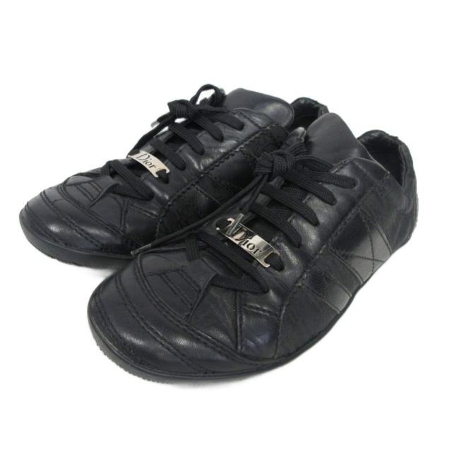 【中古】ディオール Dior トロッター ジャガード スニーカー 薄底 レザー ローカット 黒 ブラック 約23cm IBO78