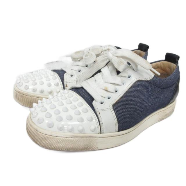 【中古】クリスチャンルブタン デニム × レザー スパイクスタッズ スニーカー インディゴ ホワイト 38 IBO80