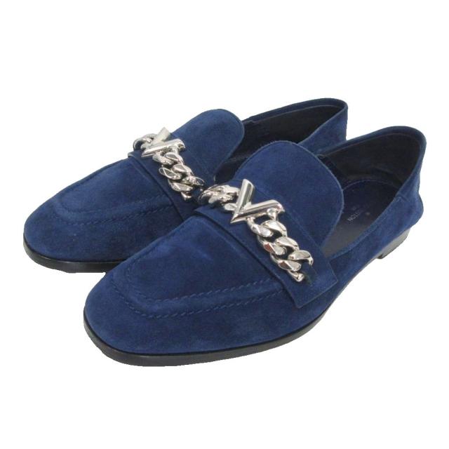 【中古】ルイヴィトン スエード チェーンビット ローファー シルバー金具 LVロゴ ネイビー 36.5 約23.5cm ■MNK1