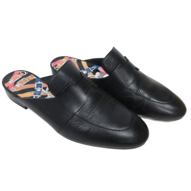 【中古】エルメス HERMES 希少 レア 21年春夏 Catena Mule ミュール ゴートスキン レザー Hロゴ ブラック 38 IBO82