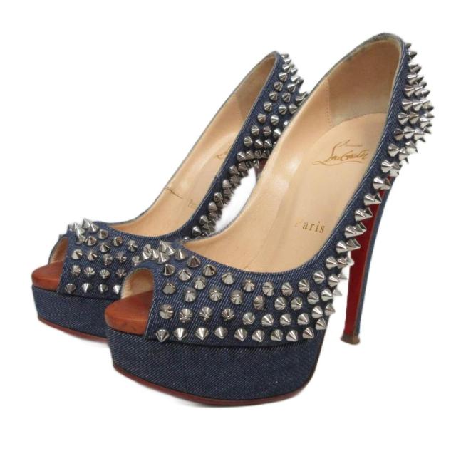 【中古】クリスチャンルブタン デニム スパイクスタッズ パンプス ハイヒール インディゴ 35.5 約22.5cm ■MNK1