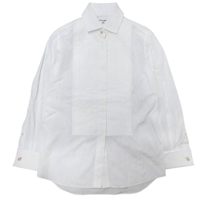 【中古】シャネル CHANEL 92P ドレスシャツ ココマーク パールボタン プリーツ 長袖 国内正規 ホワイト 36 ■MNK1