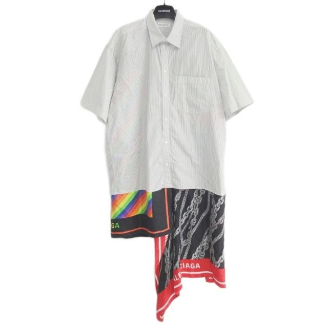 【中古】バレンシアガ 美品 19SS スカーフドッキングシャツ ロング ワンピース ストライプ 切替 ロゴ 総柄 32 ■MNK1