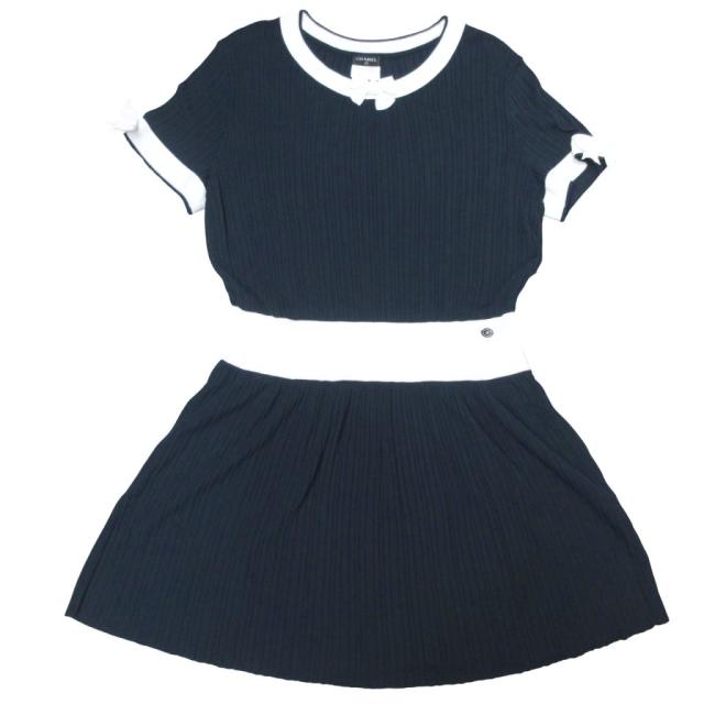 【中古】シャネル ココマーク プリーツ ニットワンピース リボン 国内正規 バイカラー ネイビー ホワイト 44 ■MNK1