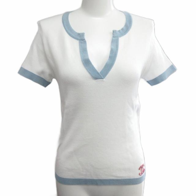 【中古】シャネル 美品 02S  ココマーク アップリケ サマーニット 半袖 国内正規 白 青 ホワイト ブルー 系 ■MNK1