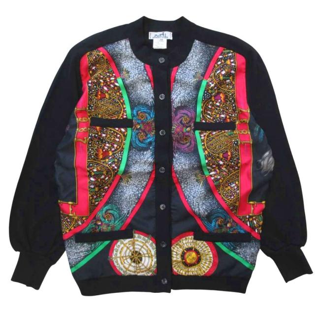 【中古】エルメス 美品 ツイルレーヌ Feux d Artifice 技巧の花火 カレ カーディガン 国内正規 黒 38 ■MNK1