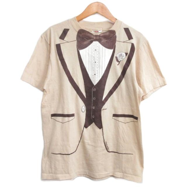 【中古】ヘインズ 70s-80s オレンジタグ FIFTY-FIFTY COMBED ヴィンテージ Tシャツ USA製 タキシード だまし絵 M