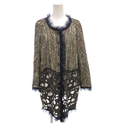 【中古】ロシャス ROCHAS ツイードコート ジャケット ひざ丈 マルチカラー カットワーク フリル IBO82