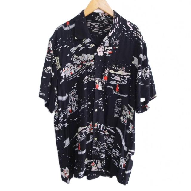 【中古】ポータークラシック Porter Classic アロハシャツ 総柄 シネマ柄 ロゴ プリント レーヨン 半袖 M 黒 系