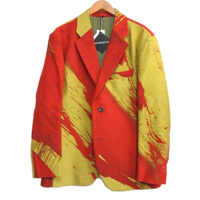 【中古】未使用品 イッセイミヤケメン タグ付 19AW 総柄 ウール テーラードジャケット オレンジ サイズ3  ■MNK