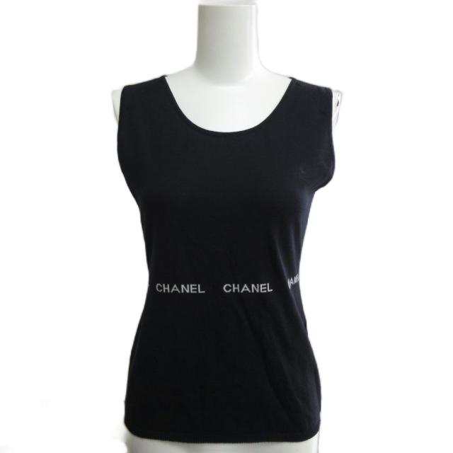 【中古】シャネル CHANEL 美品 ヴィンテージ ノースリーブ カットソー シグネチャー ニット 黒 ブラック  ■MNK2