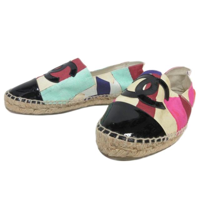 【中古】シャネル G29762 エスパドリーユ スリッポン ココマーク フラットシューズ マルチカラー 37 23.5cm ■MNK2