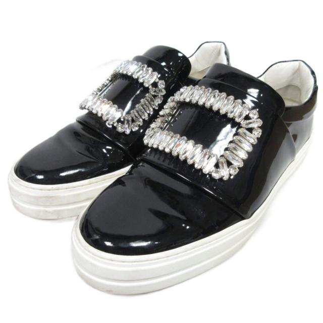 【中古】ロジェヴィヴィエ ビジュー スクエアバックル スニーカー スリッポン エナメル 黒 ブラック 37.5 ■MNK2