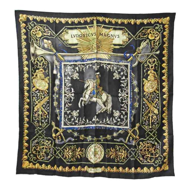 【中古】エルメス カレ 90 LVDOVICVS MAGNVS Louis 14th 白い馬に跨ったルイ14世 シルク 大判 ブラック 黒 ■MNK2