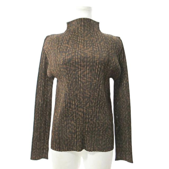 【中古】プリーツプリーズ イッセイミヤケ 美品 プリーツ シャツ カットソー 長袖 ハイネック 4 ブラウン PP43-JK96