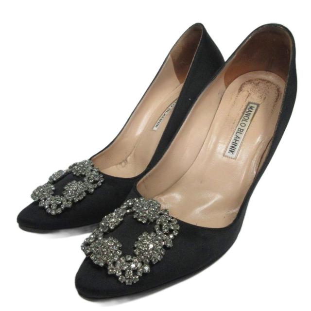 【中古】マノロブラニク ハンギシ パンプス ビジュー ラインストーン スクエア サテン ヒール 36 1/2 約23.5cm ■MNK2