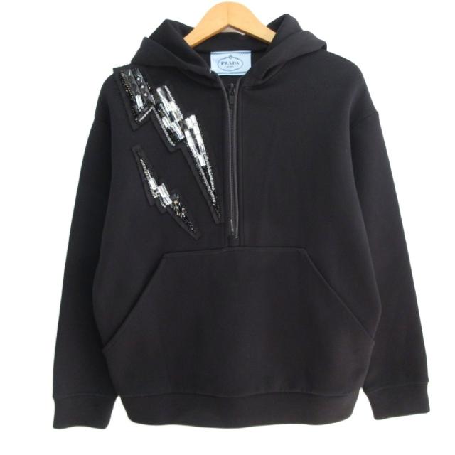 【中古】プラダ PRADA 2019年 ハーフジップパーカー フーディー ビジュー ラインストーン 装飾 プリント XS ■MNK2